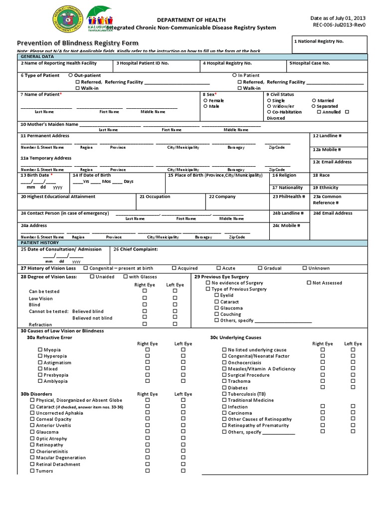 Prevention of Blindness Registry Form | PDF | Visual Impairment | Human Eye