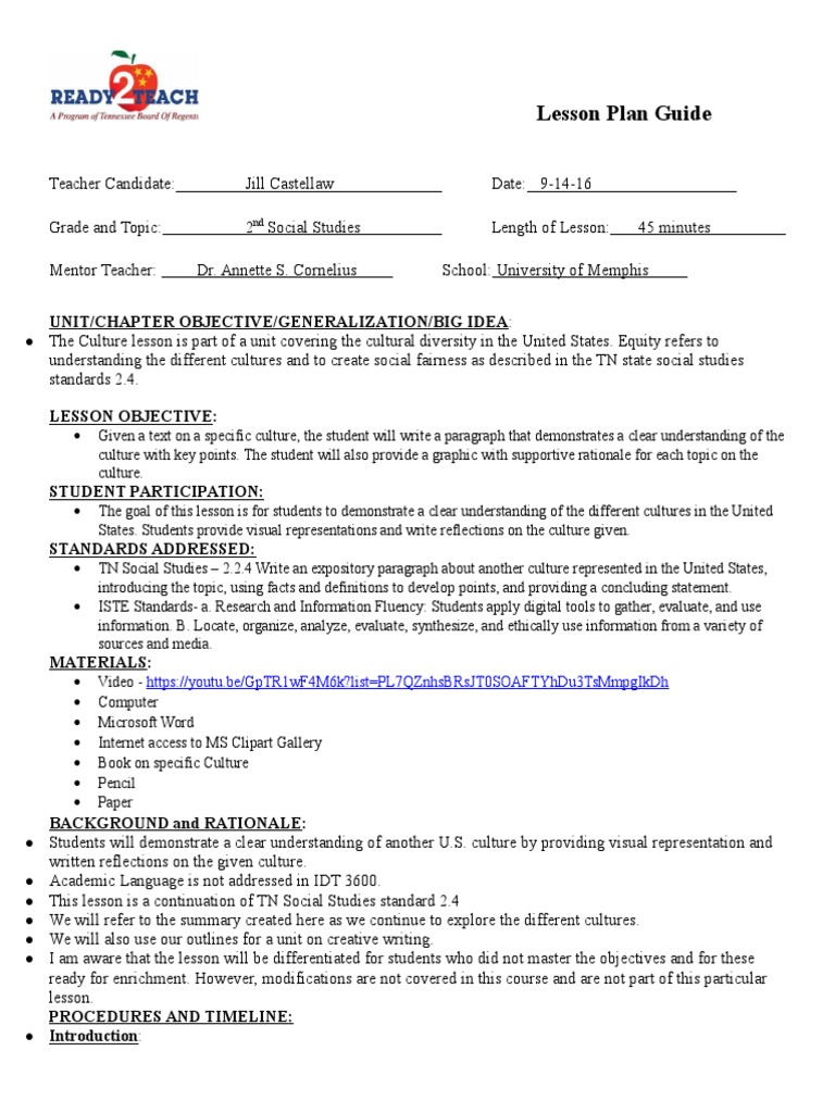 Lesson Plan Guide: Unit/Chapter Objective/Generalization/Big Idea | PDF ...