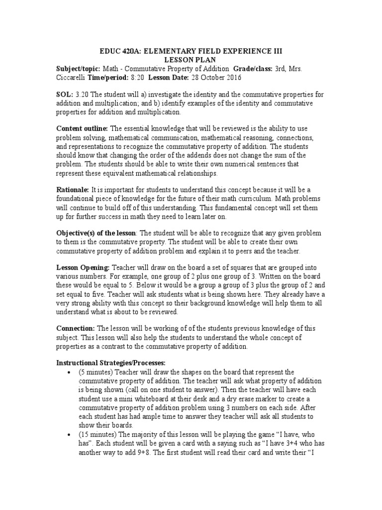 Field III Lesson Plan 2 Commutative Property of Addition Kira Castle ...