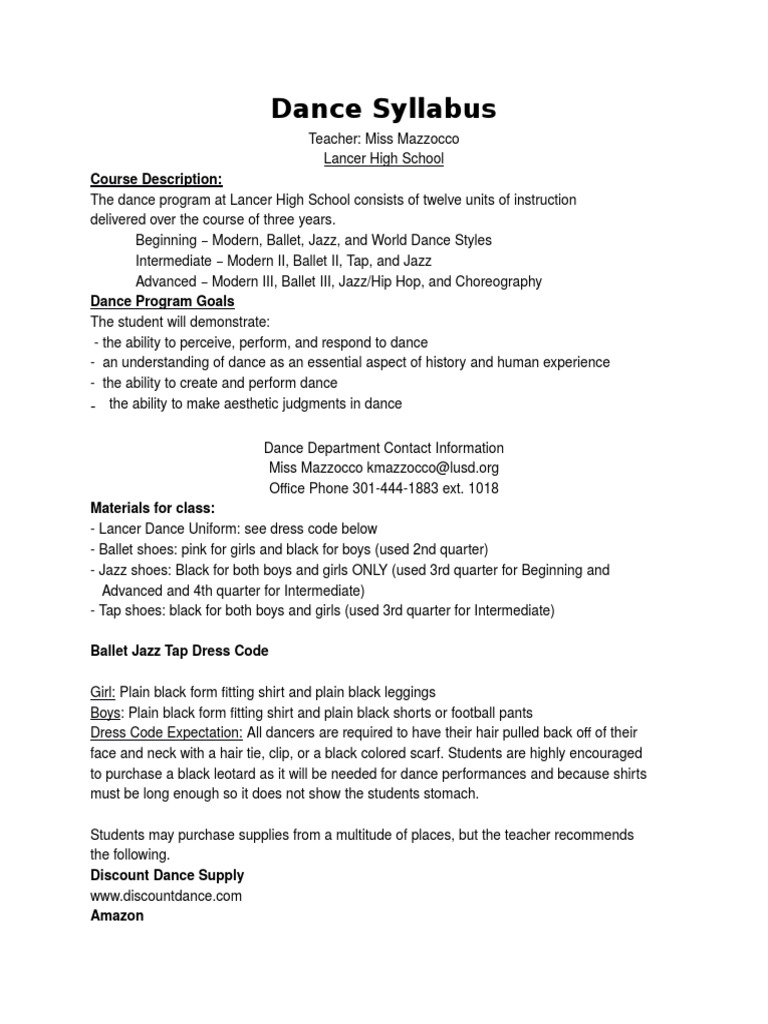 mock dance syllabus word | Ballet | Dances