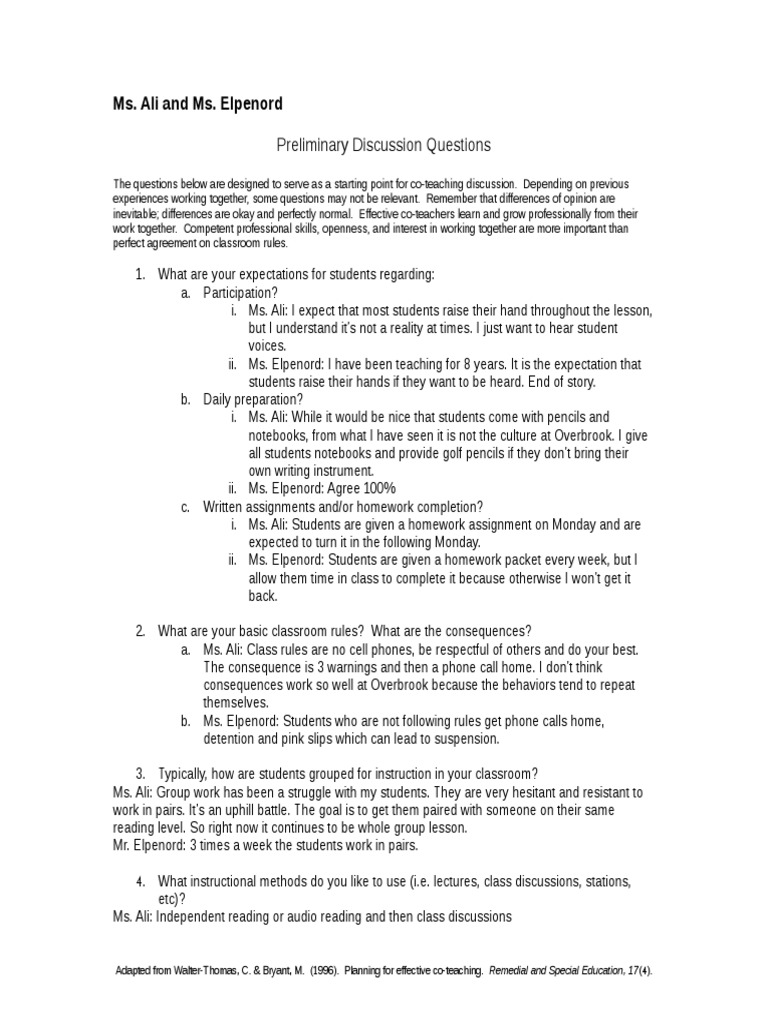 Ms. Ali and Ms. Elpenord: Preliminary Discussion Questions | PDF ...