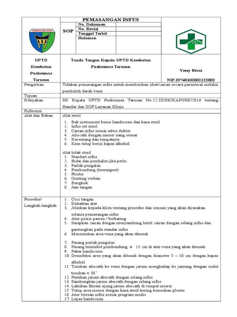 Sop Pemasangan Infus | PDF