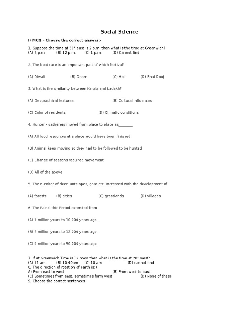 Social Science: I) MCQ - Choose The Correct Answer | PDF | Geography ...