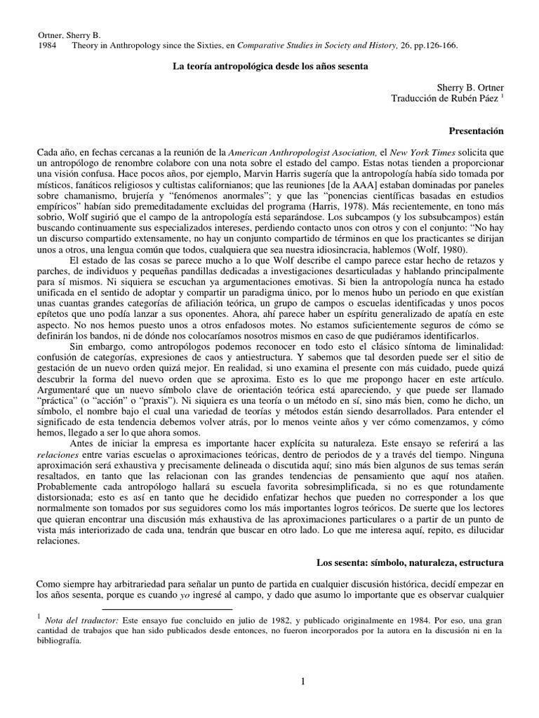 Sherry B. Ortner - La Teoría Antropológica Desde Los Años Sesenta PDF ...