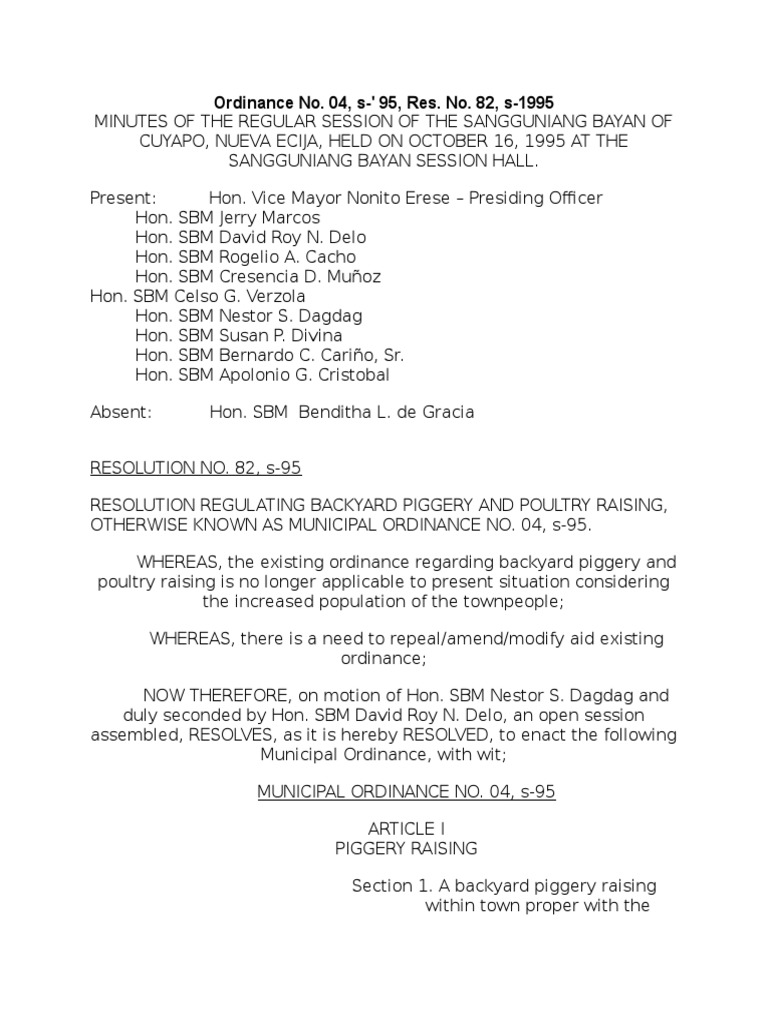 RESOLUTION REGULATING BACKYARD PIGGERY AND POULTRY RAISING, OTHERWISE ...