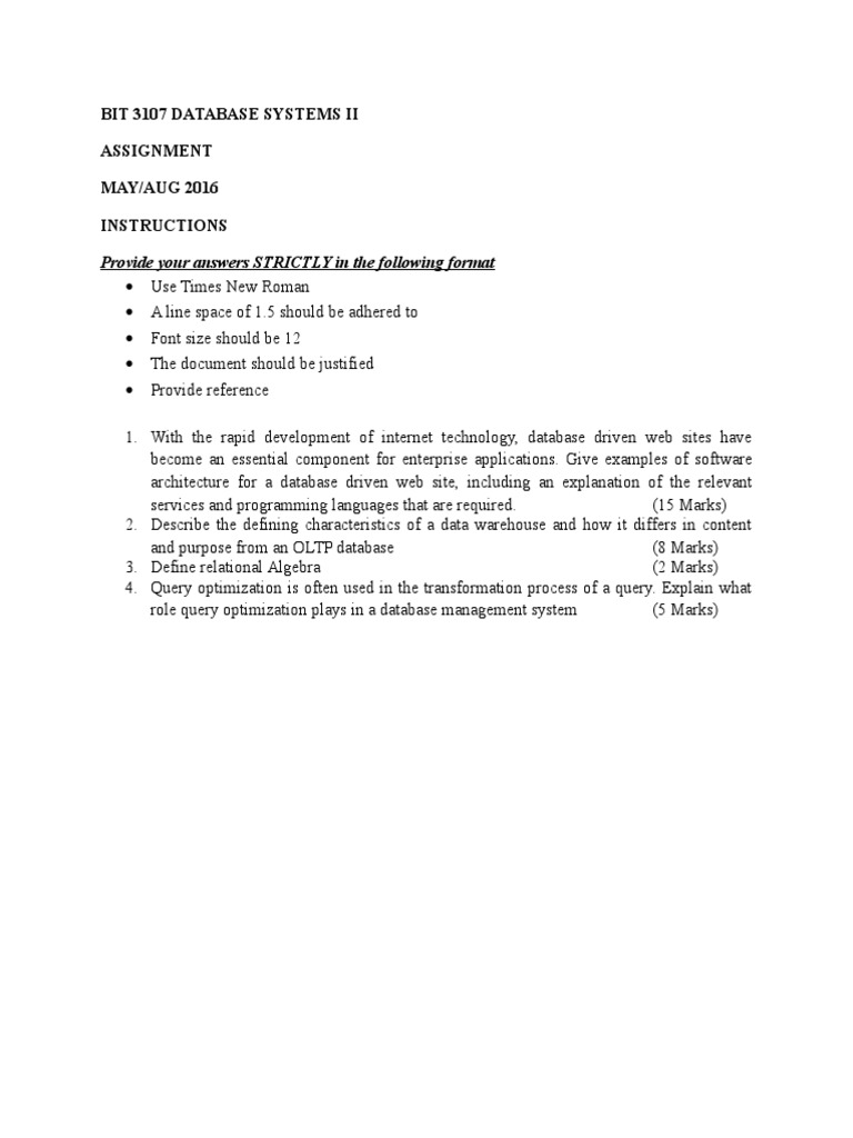 Bit 3107 Database Systems Ii Assignment MAY/AUG 2016 Instructions | PDF