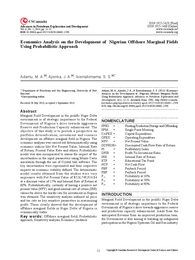 Economics Analysis On The Development of Nigerian Offshore Marginal ...