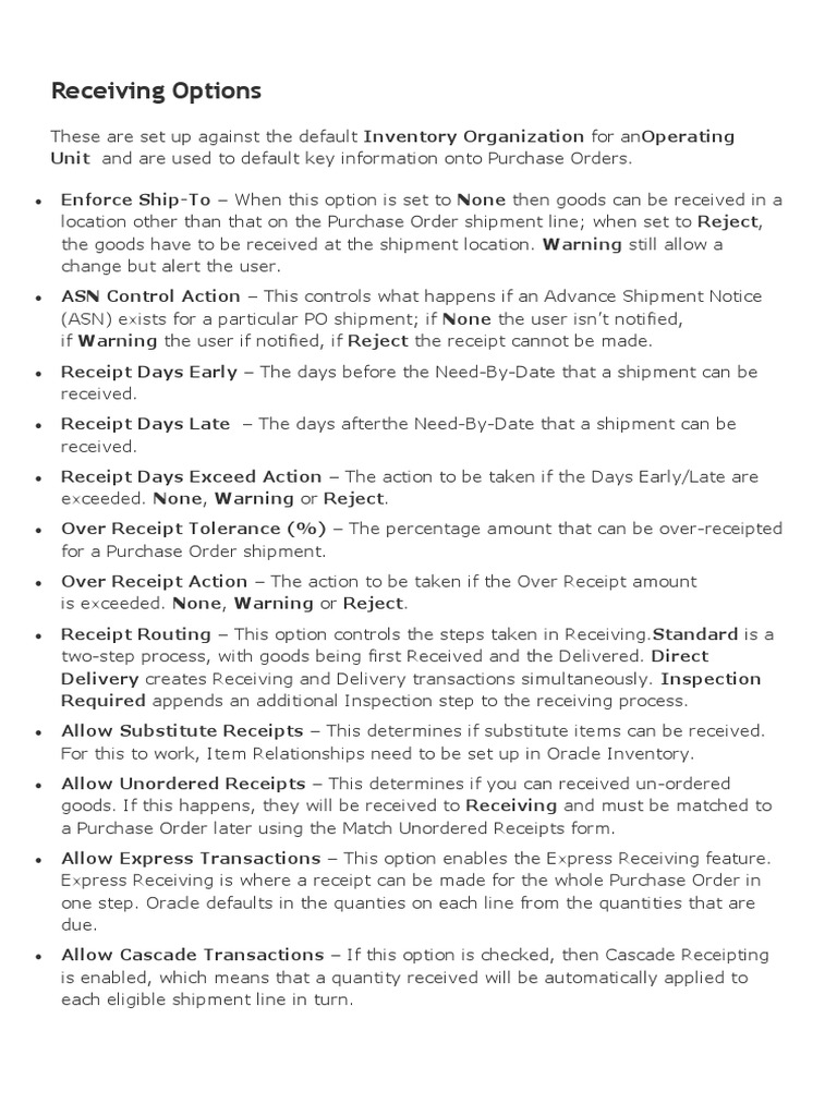 Receiving Options Oracle Apps | PDF | Receipt | Computing