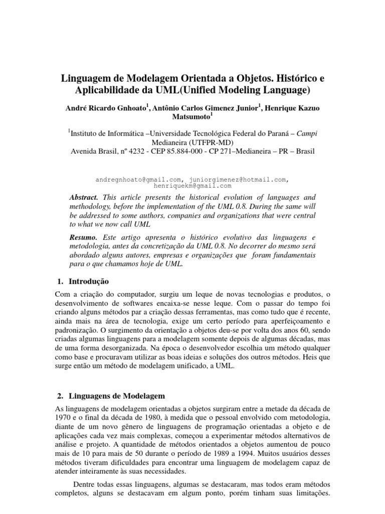 Linguagem de Modelagem Orientada A Objetos. Histórico e Aplicabilidade ...