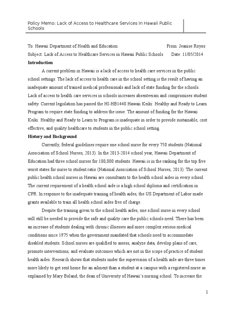 policy memo | Nursing | Health Care