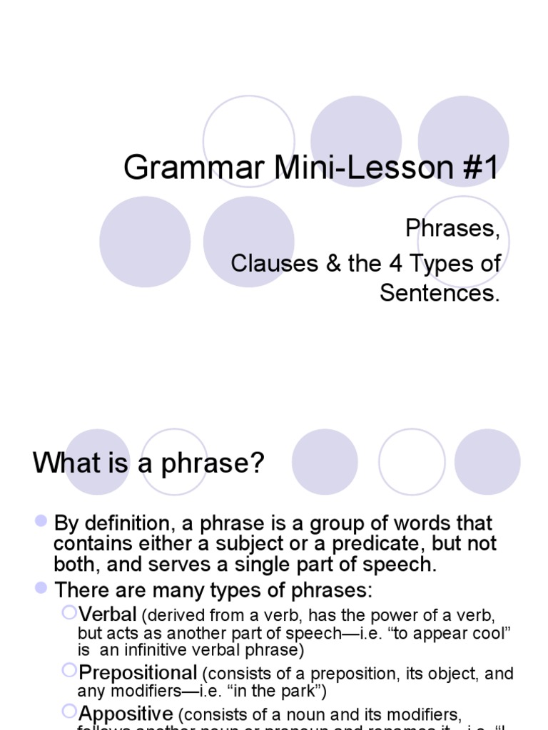 Grammar Mini-Lesson #1: Phrases, Clauses & The 4 Types of Sentences ...