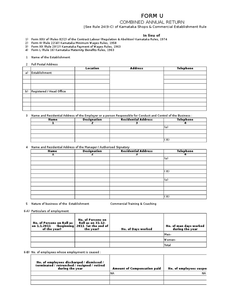 Form U in Excel For Karnataka | PDF | Employment | Welfare