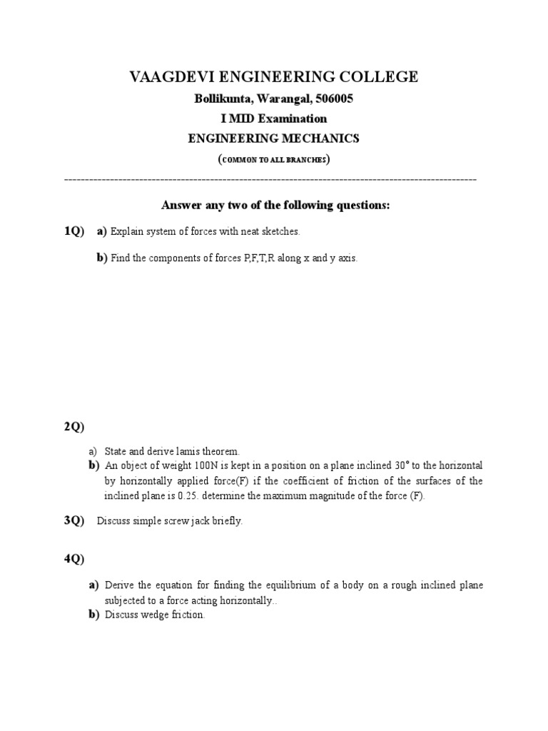 Vaagdevi Engineering College: Common To All Branches | PDF