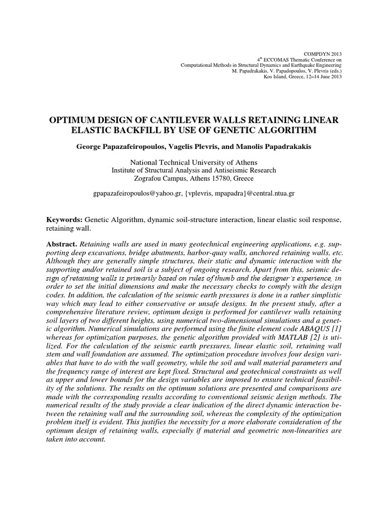 Optimum Design of Cantilever Walls Retaining Linear Elastic Backfill by Use of Genetic Algorithm ...