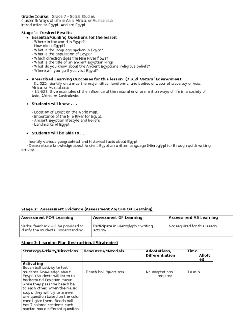 Ancient Egypt Lesson Plan 3 Day 5 | PDF | Ancient Egypt | Educational Assessment