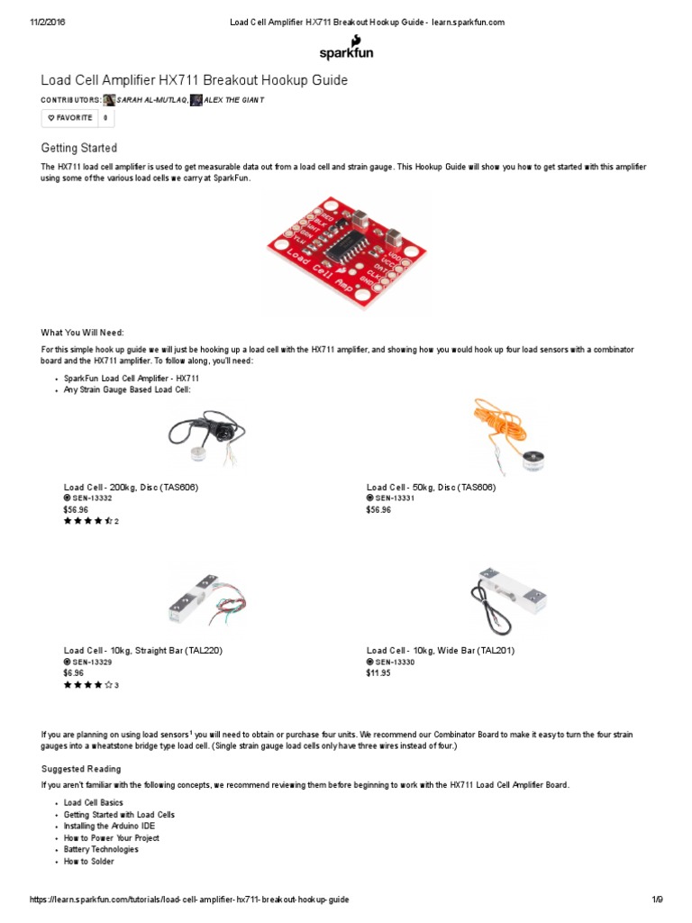 Load Cell Amplifier HX711 Breakout Hookup Guide - Learn - Sparkfun ...
