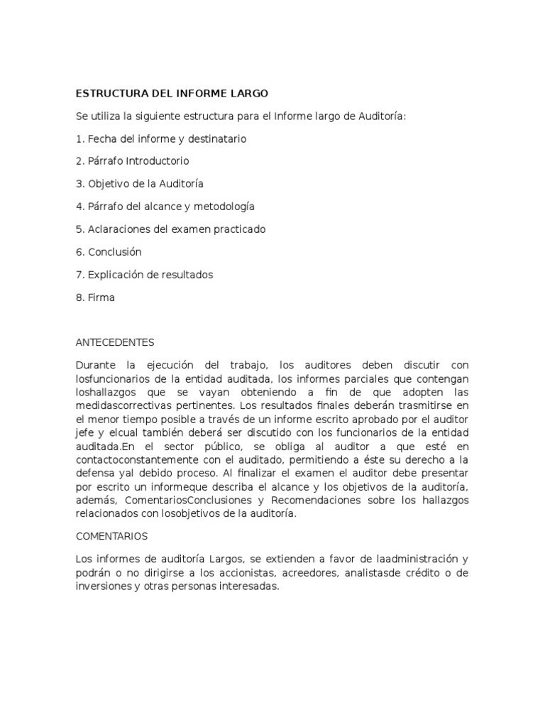 Estructura Del Informe Largo de Auditoria | PDF | Auditoría financiera | Contralor