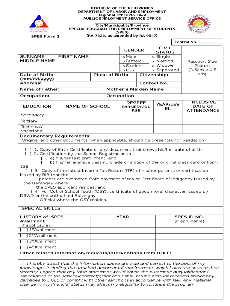 Spes Form 2 Application Form Nov | PDF | Unemployment Benefits | Birth ...