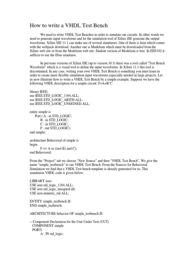 How To Write A Vhdl Test Bench Pdf Vhdl Computer Engineering