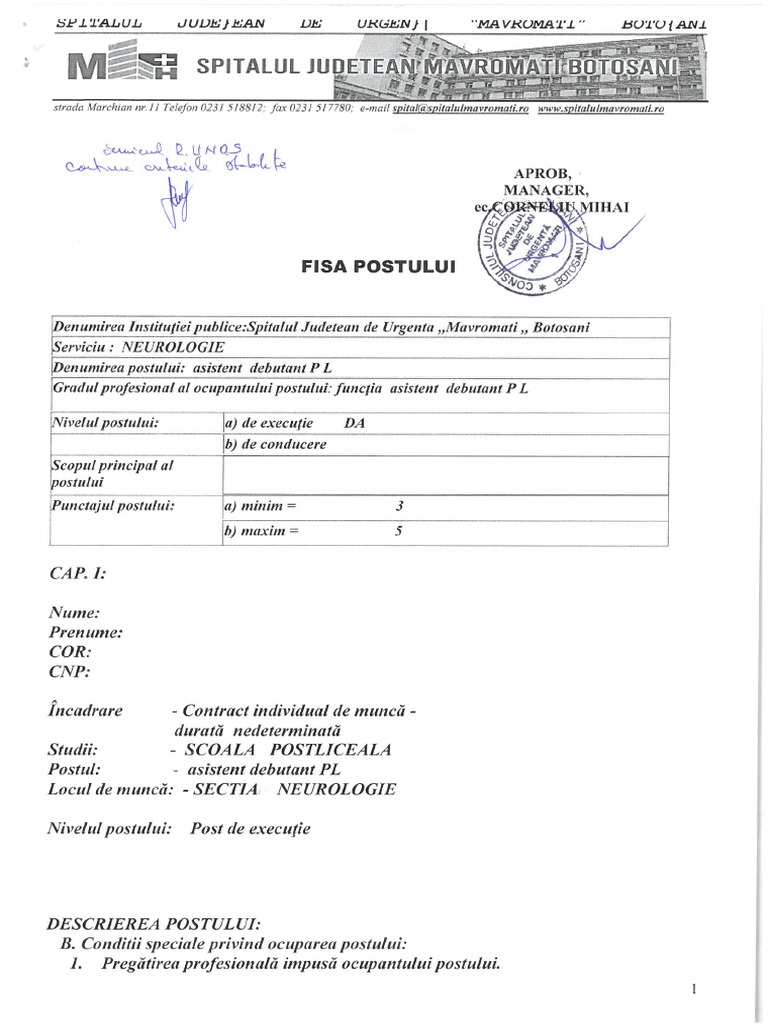 Fisa Postului Asistent Medical - Neurologie | PDF