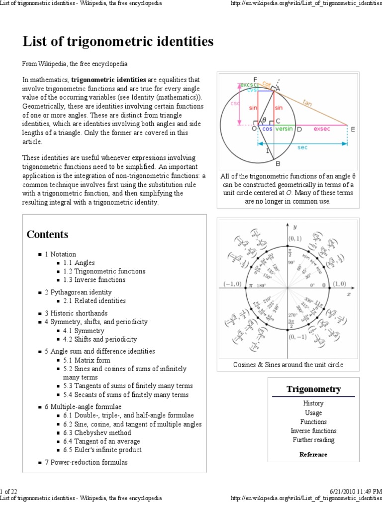 List of Trigonometric Identities | PDF | Trigonometric Functions | Sine