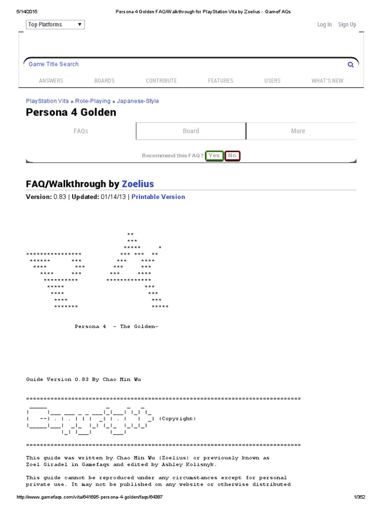 Persona 4 Golden FAQ - Walkthrough For PlayStation Vita by Zoelius ...