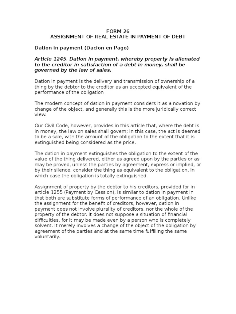FORM 26 Assignment of Real Estate in Payment of Debt | PDF | Assignment ...