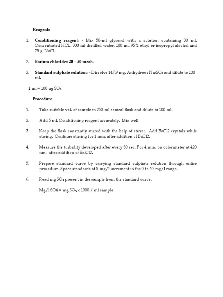 Conditioning Reagent for Sulphate Analysis | PDF | Science & Mathematics