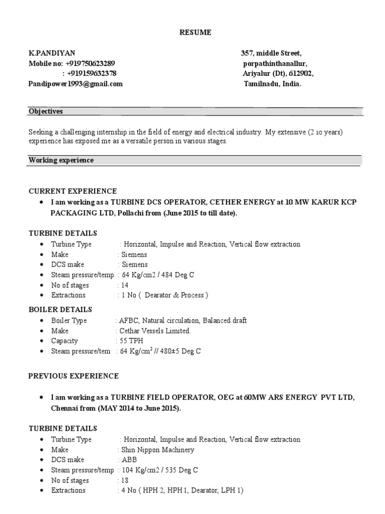 Turbine DCS Operator Resume | PDF | Turbine | Steam