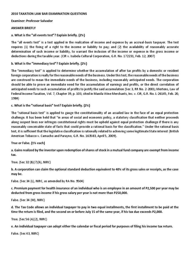 2010 Taxation Law Bar Examination Questions | PDF | Taxation In The ...