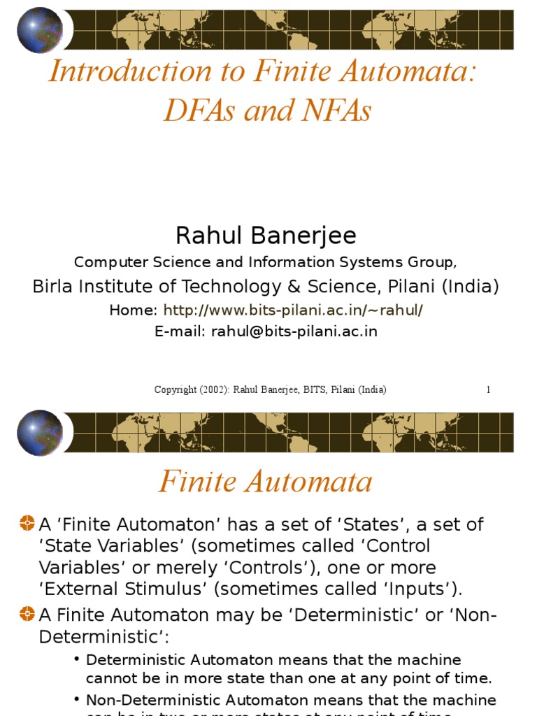 Introduction To Finite Automata: Dfas and Nfas: Rahul Banerjee | PDF | Models Of Computation ...