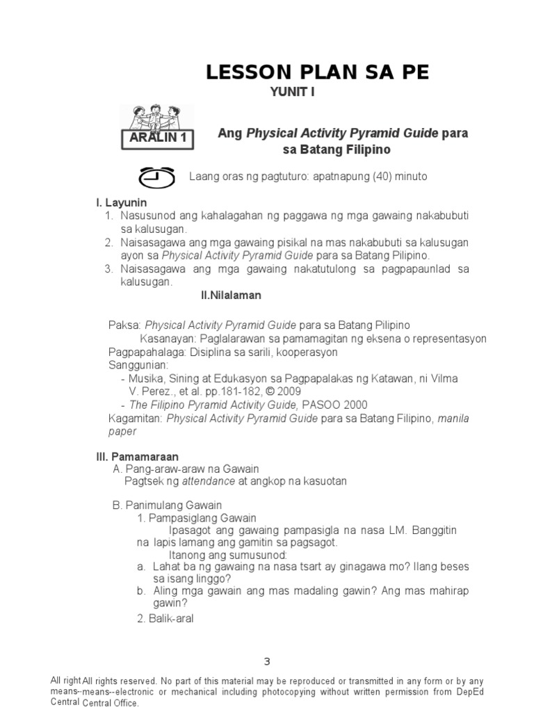 1st Lesson Plan in P.E Yunit 1 - Aralin 1-8 | PDF