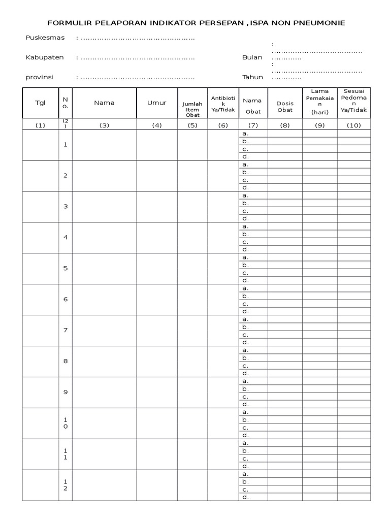 Formulir Pelaporan Indikator Persepan Ispa Non Pneumonia | PDF