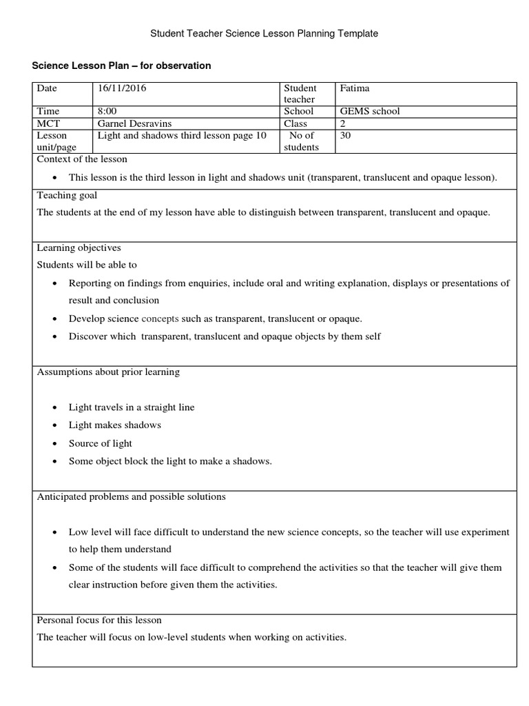 Lesson Plan 6 With Reflection | PDF | Lesson Plan | Shadow