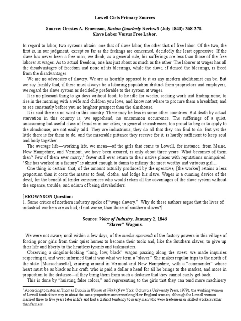 Lowell Girls Primary Sources | PDF | Slavery | Labour Economics