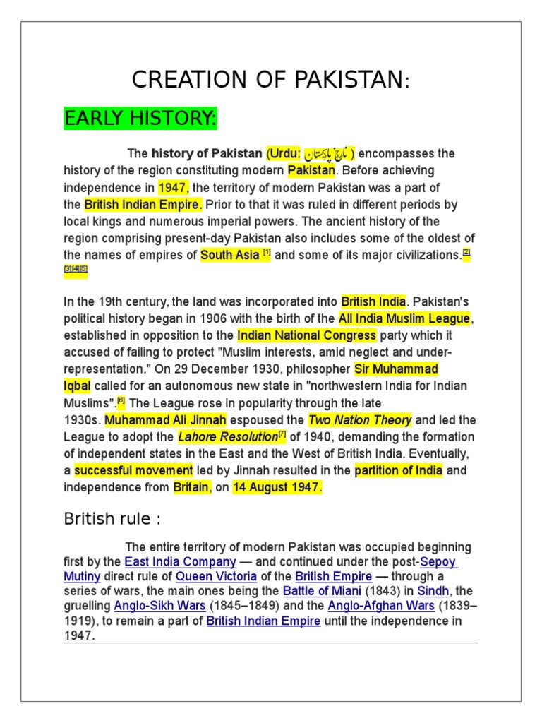 Creation of Pakistan | PDF | Pakistan Movement | British Raj