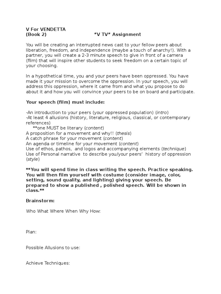 Assessment - V For Vendetta Film - Speech Assignment | PDF
