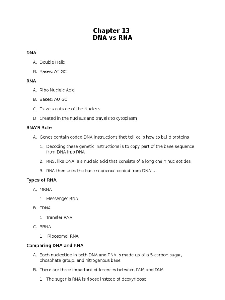 DNA Vs RNA Notes Biology | PDF | Rna | Nucleic Acids