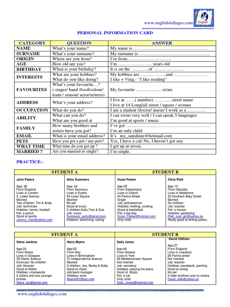 Oral Practice 1. - Asking and Giving Personal Information PDF ...