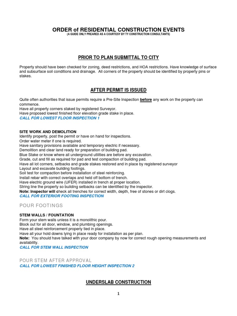 ORDER of RESIDENTIAL Construction Events | PDF | Framing (Construction ...