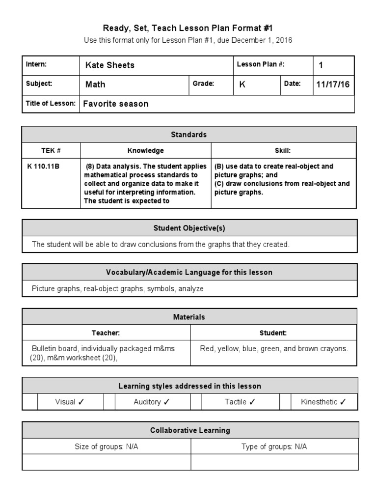 Ready, Set, Teach Lesson Plan Format #1: Standards | PDF | Lesson Plan ...