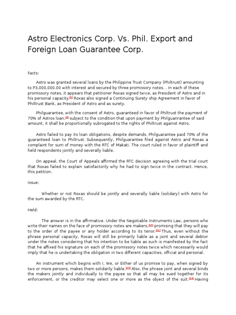 Astro Electronics Corp Vs Phil Export and Foreign Loan Guarantee Corp ...