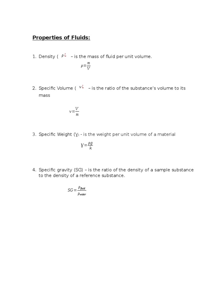 Properties of Fluids:: 3. Ɣ Is The Weight Per Unit Volume of A Material ...