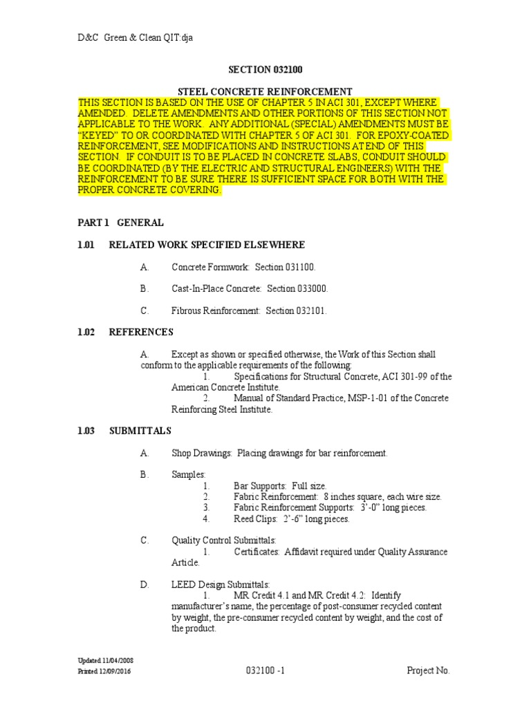 Specifications for Steel Concrete Reinforcement and Placement ...