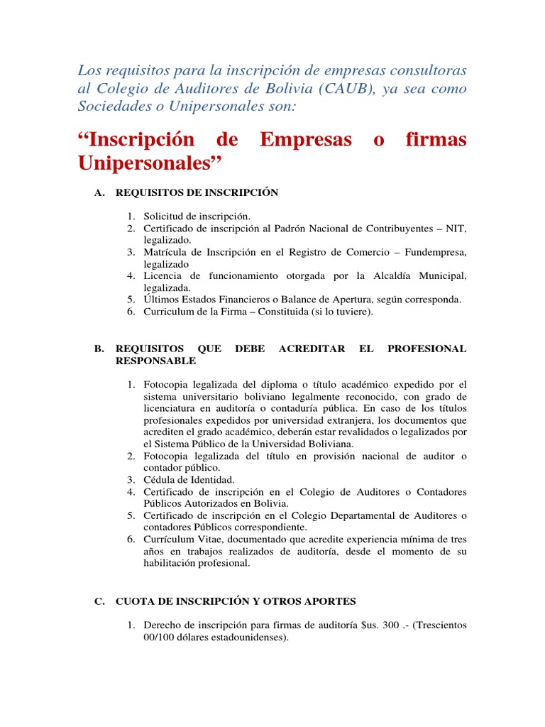Requisitos para Inscripción CAUB | PDF | Contador | Business