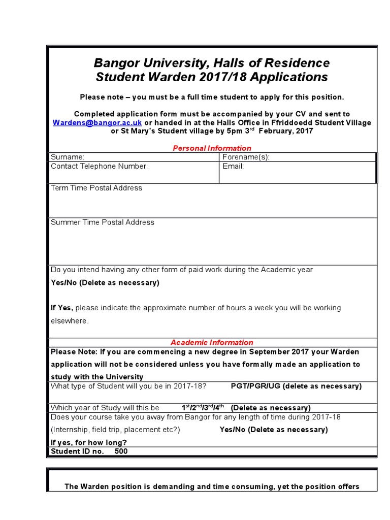 Student Warden Application 2017/18 | PDF | Further Education