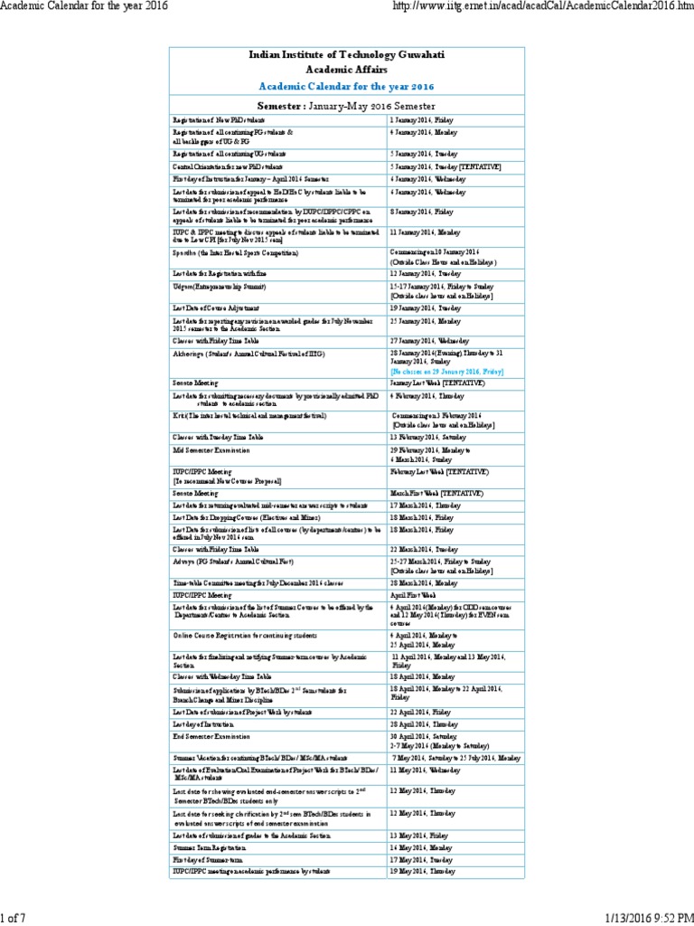 IIT Guwahati Academic Calendar 2016 | PDF | Academic Term | Schools