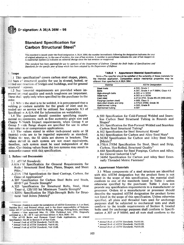 Astm A36 96 Standard Specification For Carbon Structural Steel Pdf Pdf
