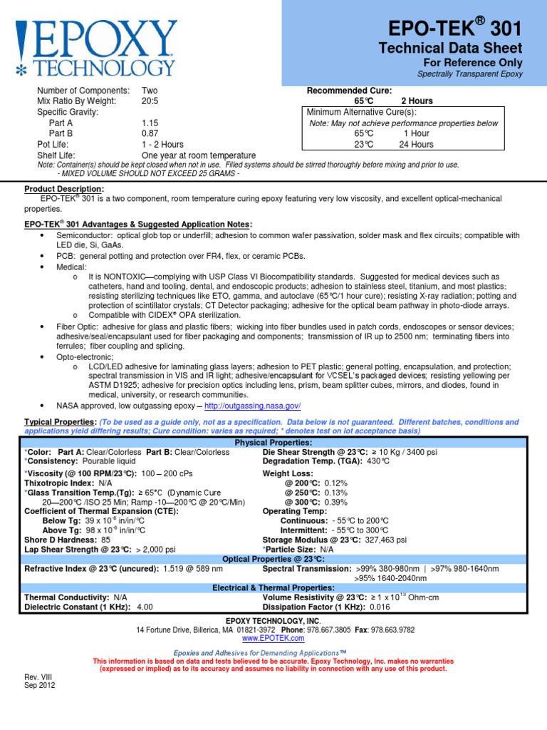 Epo-Tek 301: Technical Data Sheet | PDF | Optical Fiber | Printed Circuit Board