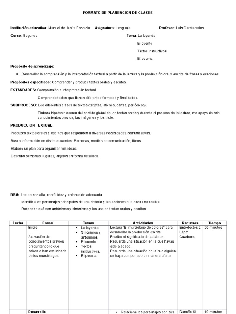 Formato de Planeacion de Clases | PDF | Lectura (proceso) | Aprendizaje